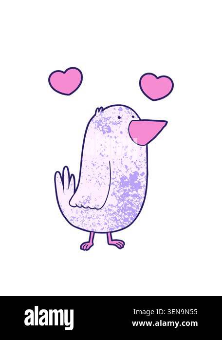 Vertical video showing cute cartoon bird with pink hearts floating ...