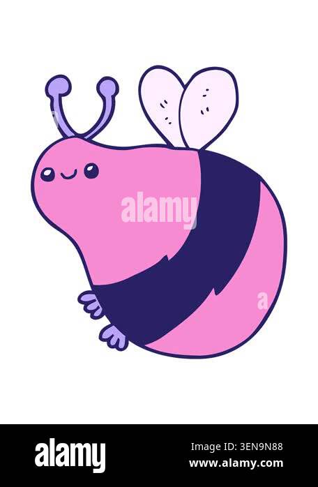 Vertical video showing cute cartoon pink bee with dark blue stripes ...