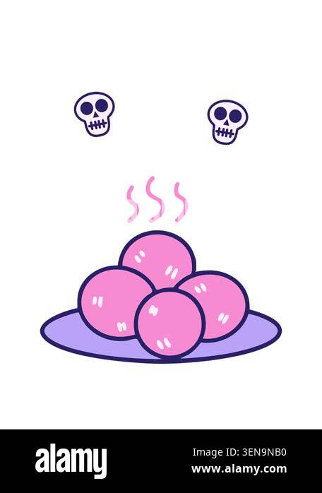 Vertical video showing animated illustration of pink meatballs on a ...