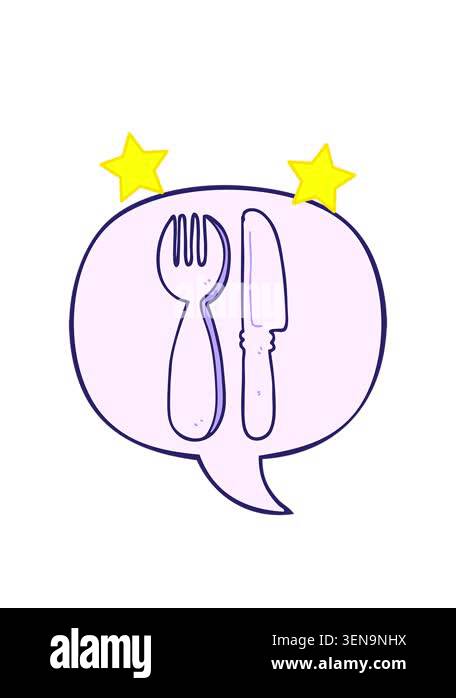 spinning stars animation of cartoon knife and fork with speech bubble ...