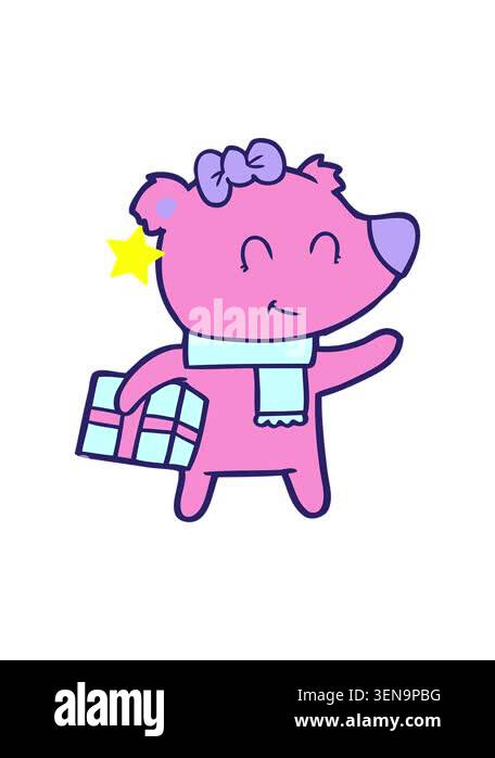 twinkling stars effect animation of bear cartoon with a present Stock ...