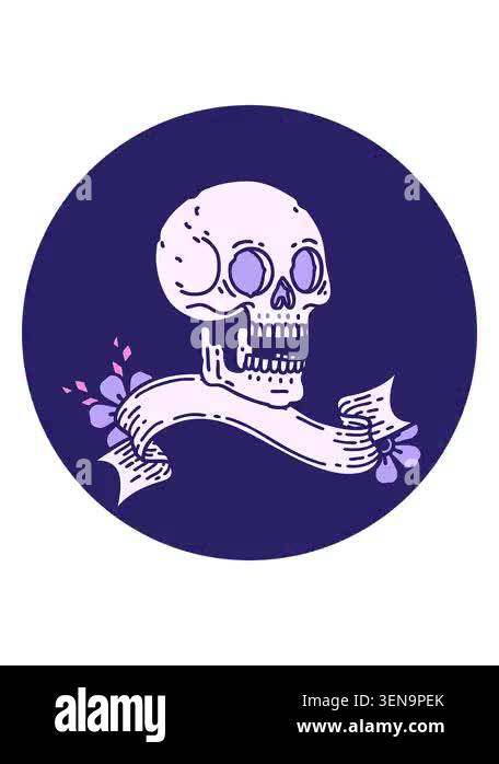 pixelize effect animation of tattoo style icon with banner of a skull ...