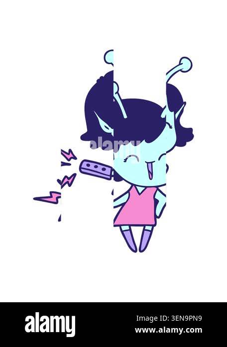 splitting motion animation of cartoon alien girl laughing with remote ...