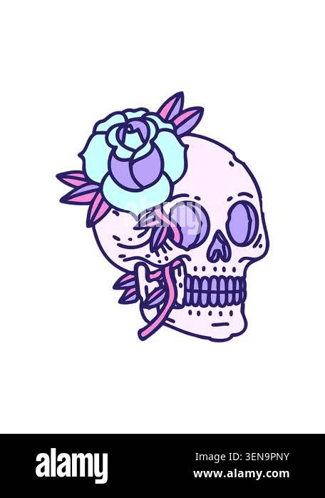spinning motion animation of tattoo of a skull and rose design Stock ...