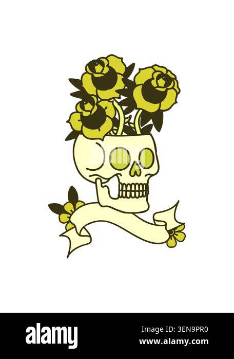 changing color animation of traditional tattoo with banner of a skull ...