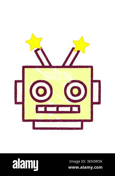 Vertical video showing animated cartoon robot head with stars on ...