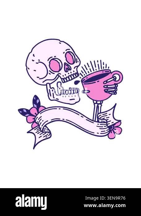 popping motion animation of traditional tattoo with banner of a skull ...