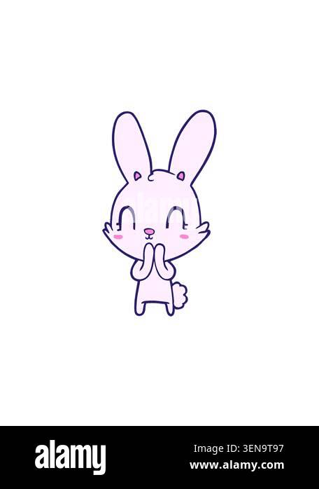 Vertical video showing cute animated pink bunny character with hands ...