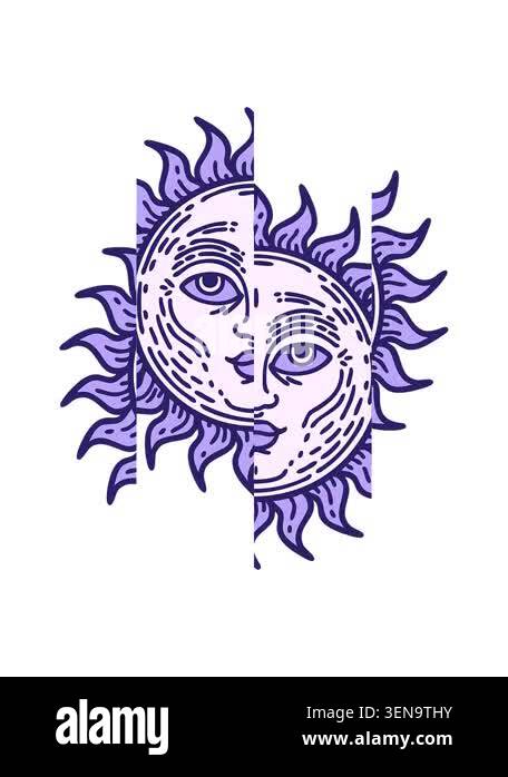 splitting motion animation of tattoo style image of a sun with face ...