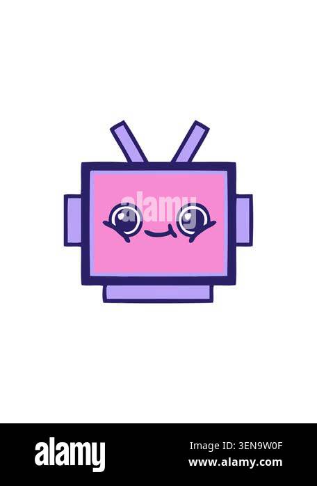 Vertical video showing cute animated cartoon TV character with a happy ...