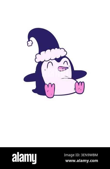 rise and float animation of cartoon penguin wearing christmas hat ...