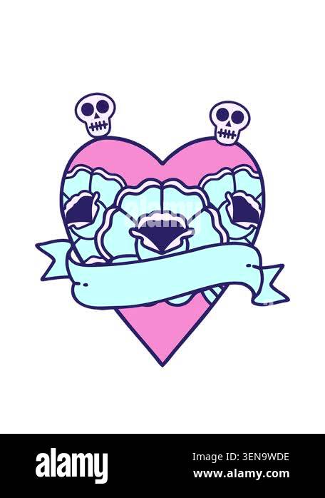 spinning skulls animation of a tattoo in traditional style of a heart ...