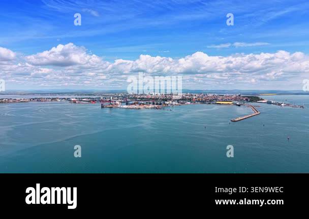 Wide Aerial Panorama Port Burgas Black Sea Breakwater. A broad aerial ...