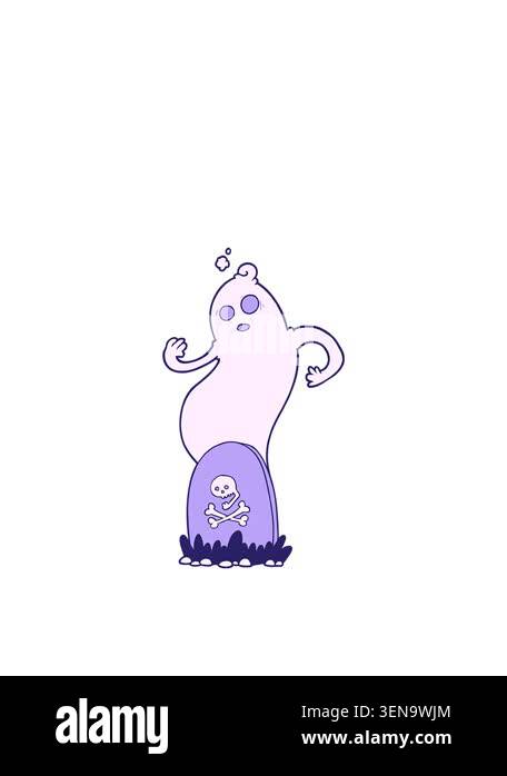jumping motion animation of spooky cartoon grave with rising ghost ...