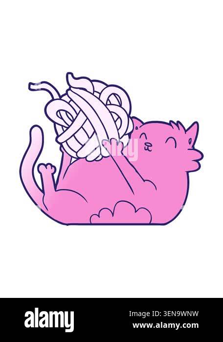 jiggle and pause animation of cartoon cat playing with ball of string ...