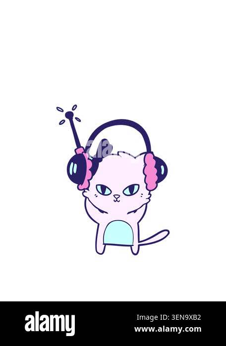 stretching up animation of cute cartoon cat with head phones Stock ...