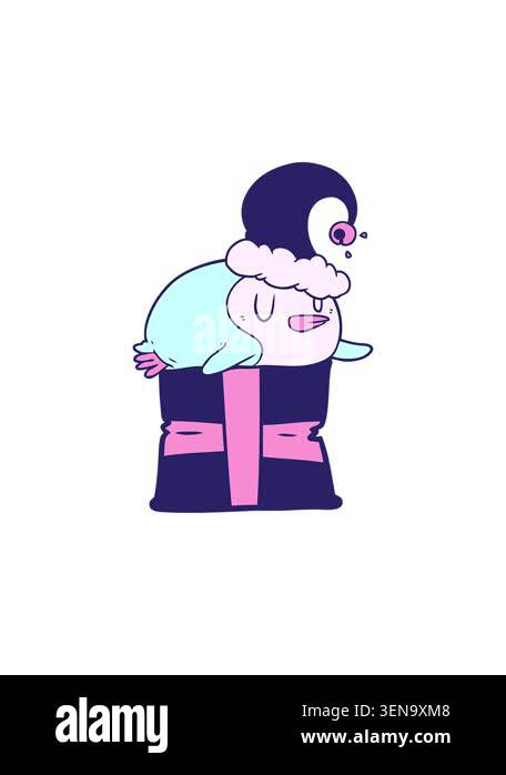 Cute animated penguin character resting on a gift box, with a playful ...