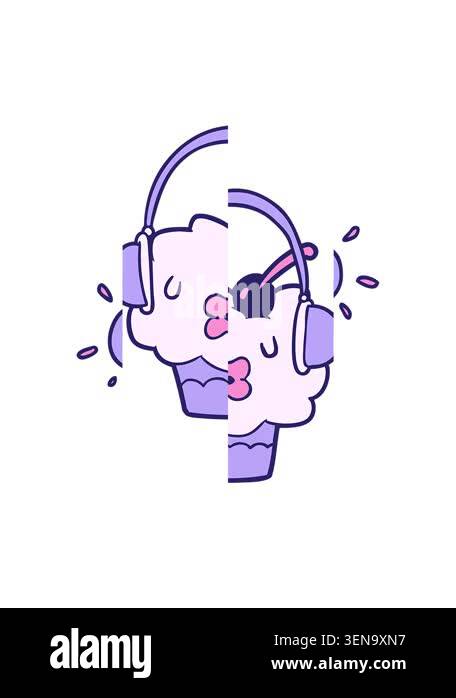 splitting motion animation of funny cartoon cupcake listening to music ...