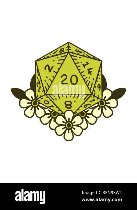 changing color animation of natural 20 D20 dice roll with floral ...
