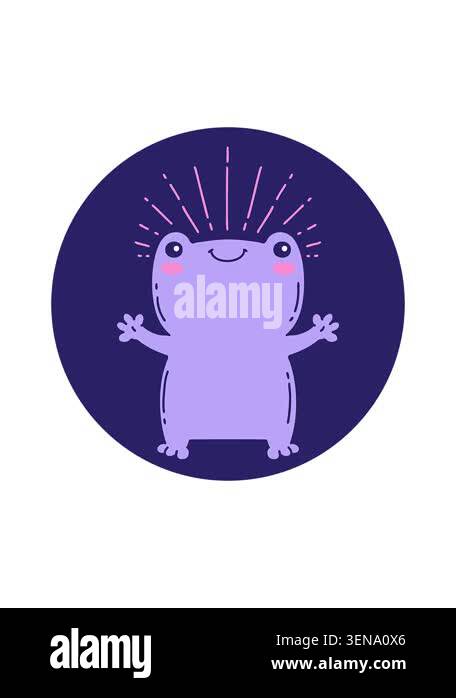 Cute animated purple frog character with pink sparkles on a dark blue ...