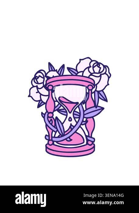 stretching up animation of tattoo style image of hour glass and flowers ...