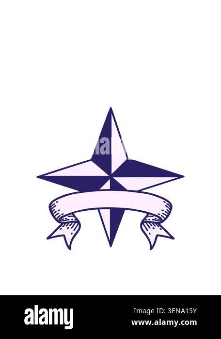 stretching up animation of traditional tattoo with banner of a star ...