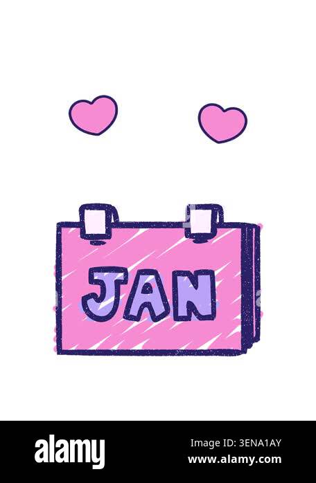 Colorful illustrated calendar page displaying January with heart icons ...