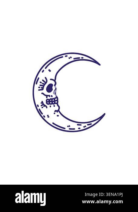 flashy sales animation of tattoo in black line style of a skull moon ...