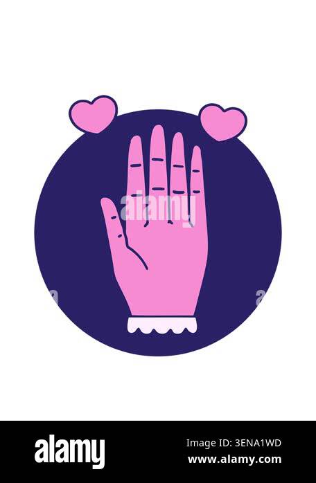 Illustration of a pink human hand with hearts above it on a dark blue ...