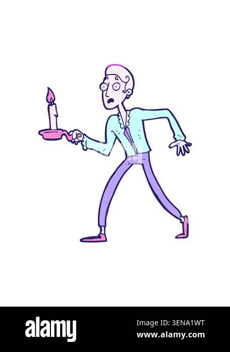 power up animation of cartoon frightened man walking with candlestick ...