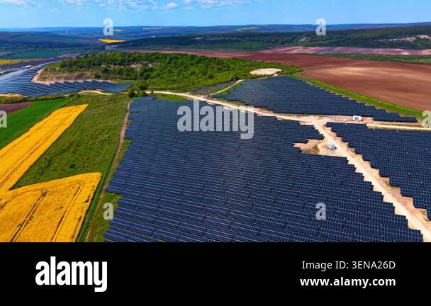 Beautiful picturesque nature landscape with solar panel sites. Numerous ...