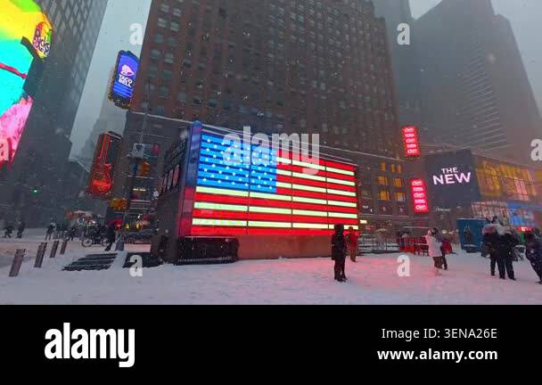New York, USA, 9 January 2026: Glowing American flag LED installation ...