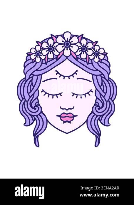Illustration of a serene woman with three closed eyes and floral ...