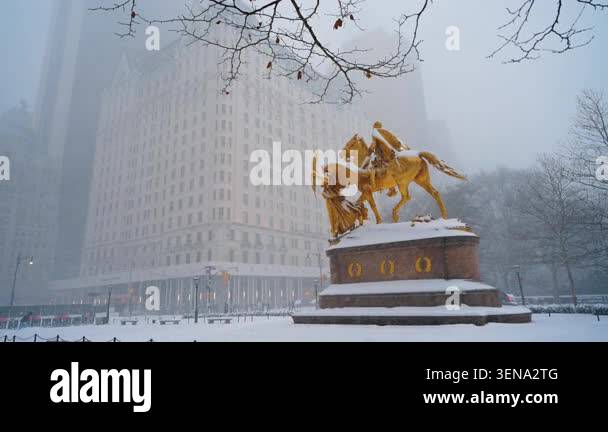 Terrible snow blizzard covers the street of New York City, USA. Low ...