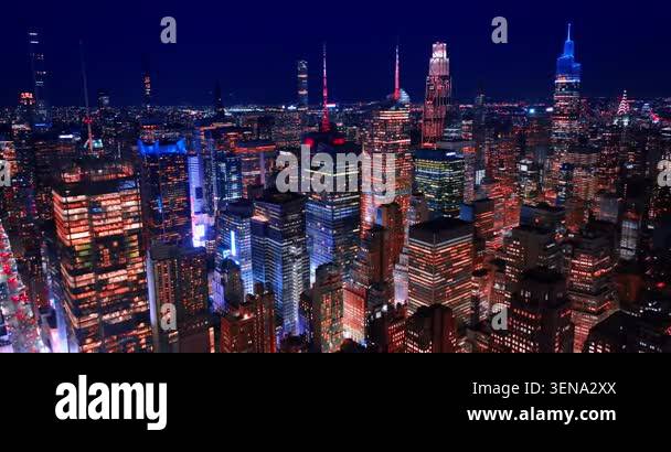 New York, USA, 1 May 2026: Brightly lit Midtown skyscrapers glowing ...