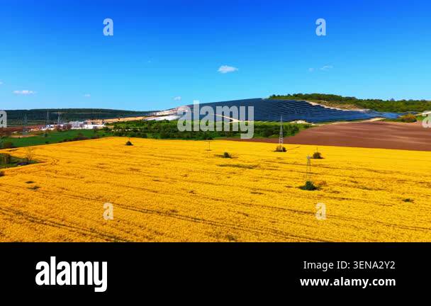 Moving over amazing bright yellow agricultural field with electric ...