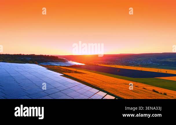 Sunrise glow over solar panels beside amber crop fields. Low aerial ...