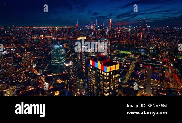 Descending over the scenery of vibrant metropolis with gorgeous ...