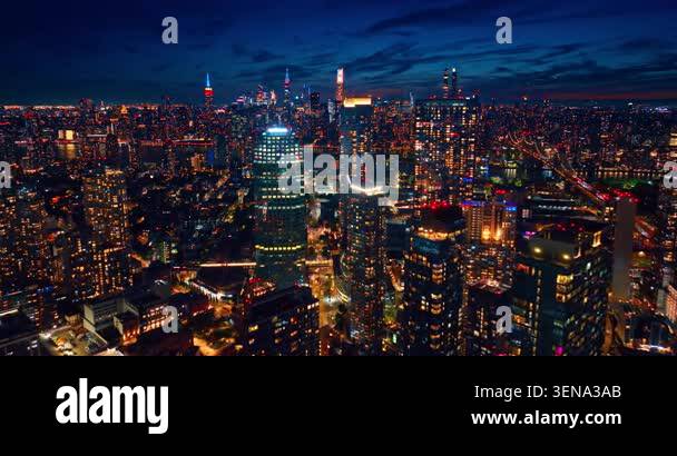 Fantastic illumination of gorgeous New York City at night. Approaching ...