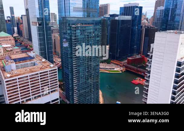 Approaching the glass high-rises of Chicago downtown. Drone flight over ...