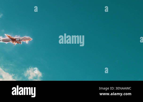 Commercial jet airliner flying across clear blue sky with stylized ...