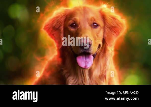 Golden retriever portrait with animated orange energy glow surrounding ...
