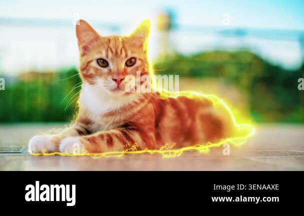 Ginger tabby cat with electric aura effect lies down outdoors with ...