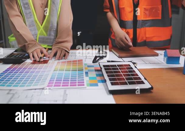 engineer and architect working with blueprint and project plan on table ...
