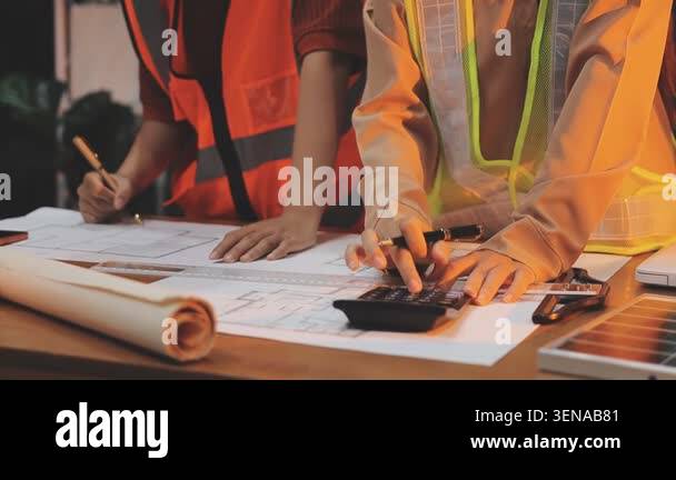engineer engineer working in blueprint of construction project Stock ...