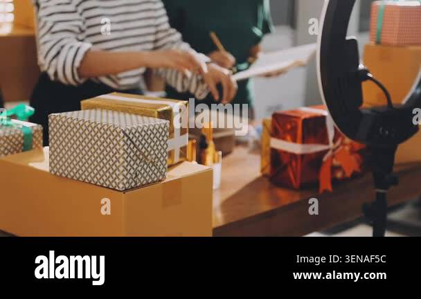 man making present in gift box with christmas presents Stock Video ...