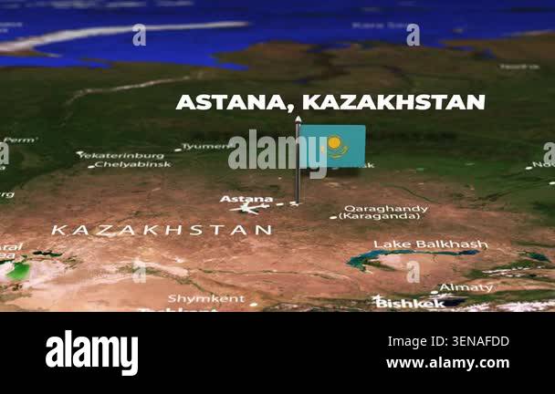 Flight From Astana KAZAKHSTAN Athens GREECE with flag pins Stock Video ...