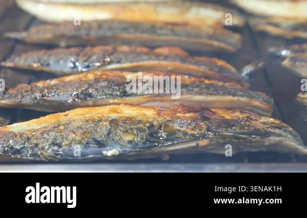 Fresh fish is being grilled over a hot fire in the market Stock Video ...
