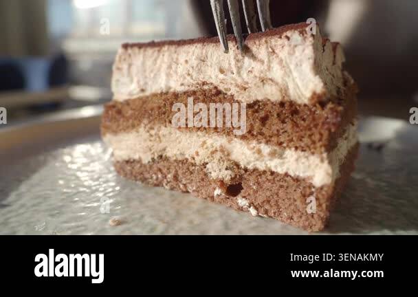 Close-up of a Fork Cutting into a Delicious Layered Cake Stock Video ...
