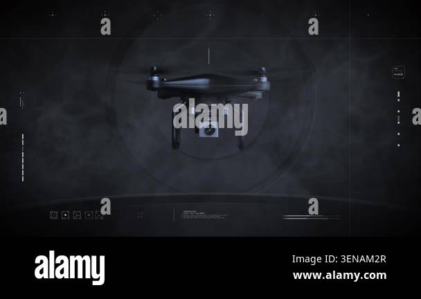 Drone with a camera flying over dark background, displaying a high-tech ...